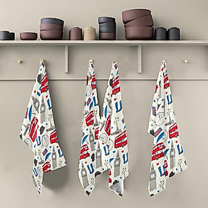 ALAZA Cartoon Big Ben Bus British Flag Kitchen Towels Dish Bar Tea Towel Dishcloths Set of 4 Super Absorbent Soft 18 x 28 inches