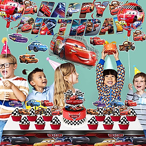 Cars Birthday Party Supplies Include Banner, Hanging Swirls, Balloons, Table Cover, Cake Topper for Cars Party Decorations