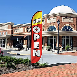 LookOurWay Feather Flag Set - 12 Feet Tall Advertising Flag Banner with Fiberglass Pole Kit and Rotating Ground Spike for Business Promotion - Grand Opening Theme - Now Open Red and Yellow
