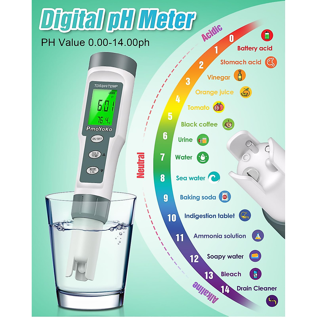 Digital pH Meter Tester Pen With 3 Calibration Powders, 0.01 Accuracy, Pocket Size, LCD Display for Household Drinking, Pool and Aquarium