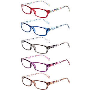 Reading Glasses 5 Pairs Fashion Ladies Readers Spring Hinge with Pattern Print Eyeglasses for Women (5 Pack Mix Color, 3.0)