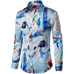 ZEROYAA Men's Hipster Splash Printed Slim Fit Long Sleeve Button Up Satin Dress Shirts for Party Prom ZLCL36-101-Blue Medium