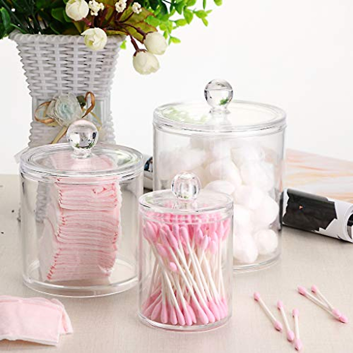 Hipiwe Set of 3 Cotton Ball and Swab Organizer with Lid - Apothecary Acrylic Jar Makeup Cotton Organizer Q-Tips Holder Bathroom Vanity Storage Canister Jar for Cotton Rounds Pads