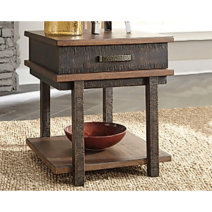 Signature Design by Ashley Stanah Rustic Rectangular End Table with 1 Drawer and Floor Shelf for Storage, Brown with Distressed Finish