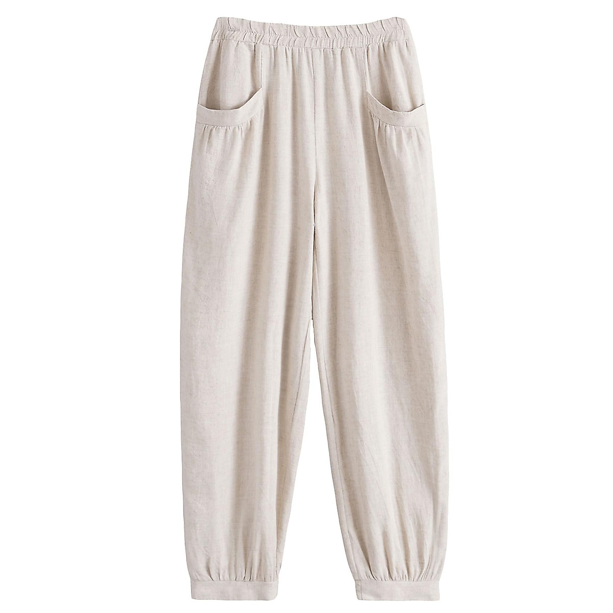 Minibee Women's New Cotton Linen Tapered Cropped Pants Elastic Waist Trousers Beige-XL