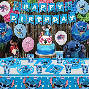 103 PCS Stitch Birthday Party Decorations, Stitch Party Decorations Set Includes Tableware Set, Happy Birthday Banner, Hanging Swirls, Balloons for Birthday Party Supplies