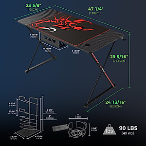 It's_Organized Gaming Desk 47 inch PC Computer Desk Home Office Student Desk X-Shaped with Mouse Pad Cup Holder Headphone Hook Handle Rack,Black