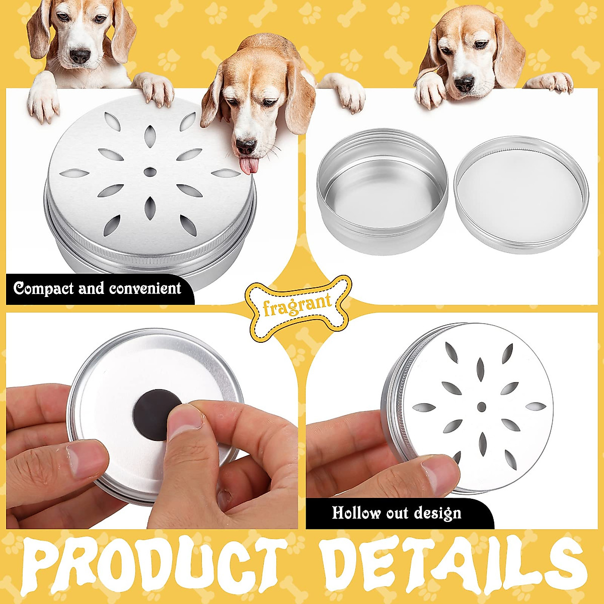 VAIPI 20 Pack Dog Scent Work Tins Dog Nose Training Containers Kit with 50 Magnetic Dots 2 OZ Aluminum Smell Training Box with Hollow Lids Round Refrigerator Deodorant Box with Screw Lid