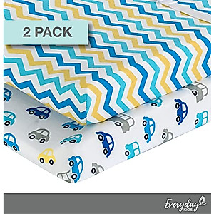 EVERYDAY KIDS 2 Pack Baby Changing Pad Covers for Baby Boy – Fits Most Changing Table Pads; 100% Cotton Jersey Knit, Breathable, Soft Changing Table Topper – Yellow and Blue Cars + Chevron Pattern