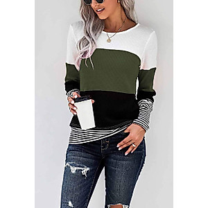 NEYOUQE womens long sleeve tops fall tees shirts for women clothes color block for skirt winter blouses 2025 striped crew neck blouse shirt spring summer tunic top woman casual trendy t-shirts Green M