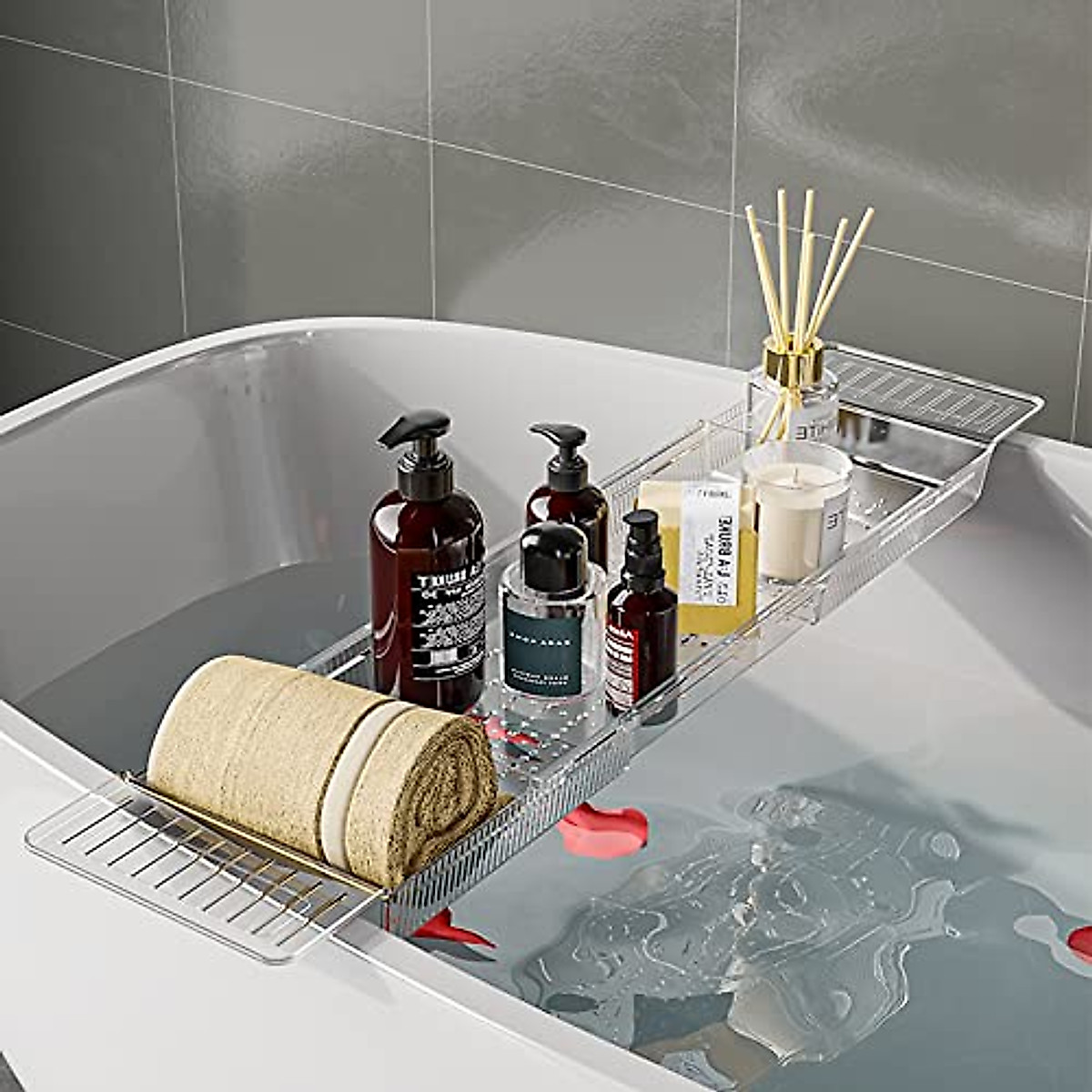 Ollimy Bath Shelf Bathtub Tray, Adjustable Bathtub Caddy Tray Storage Rack - Bathroom Bathtub Tray - Expandable Bath Shelf Fits All Tubs (Transparent)