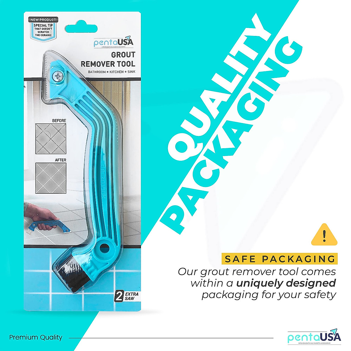 PentaUSA Grout Removal Tool - Caulk Remover Tool for Tiles, Tile Grout Scraper Saw, Grout Saw, Caulking Tools, Scraper, Scrubber Brush, Tile Joint Cleaning Brush, Removes Caulks Dirts (2 Extra Blades)