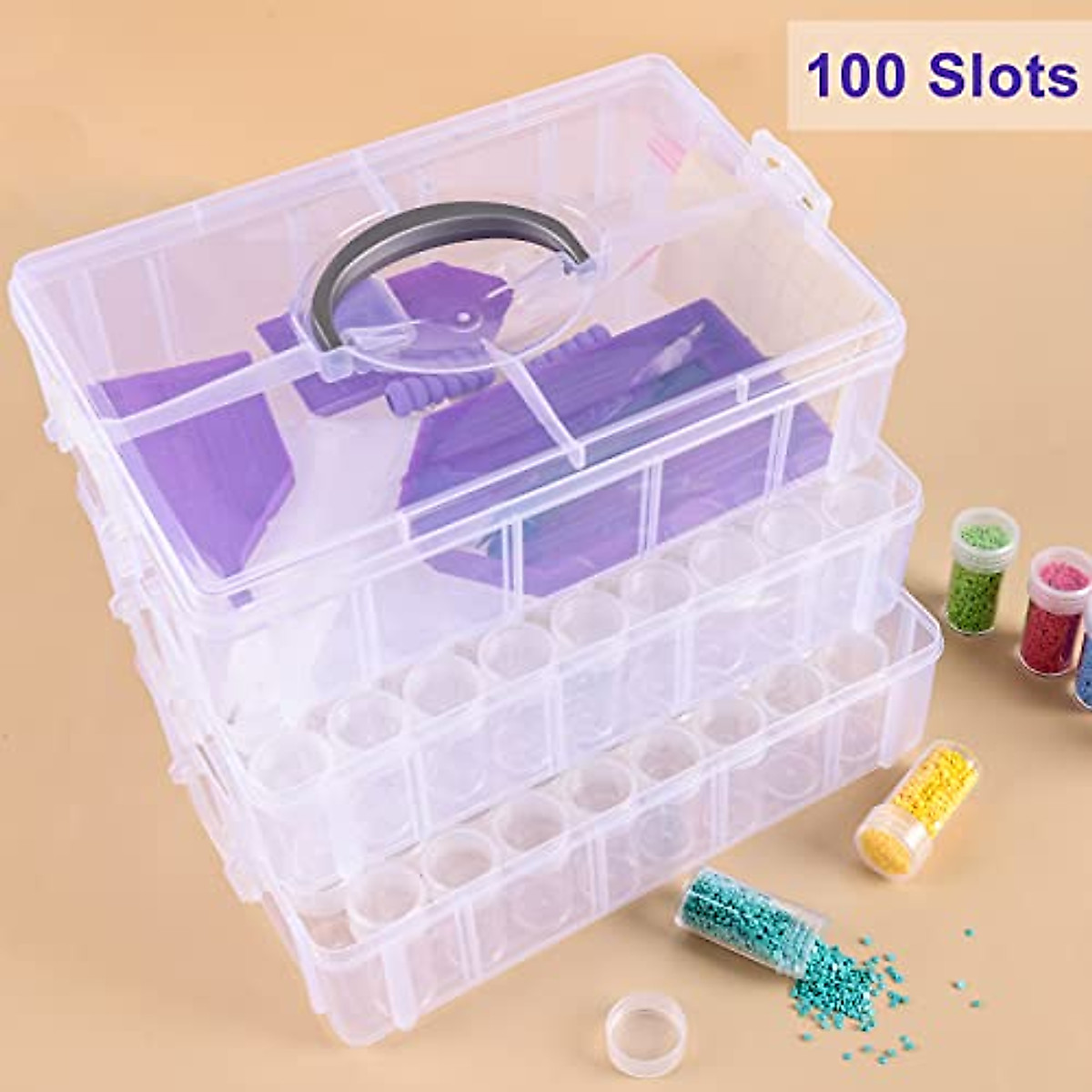 QUEFE 3-Tier Diamond Painting Storage Container, 100 Slots Clear Stackable Bead Organzier with Diamond Painting Accessories and Tools for DIY Diamond Art Craft Jewelry Bead Storage