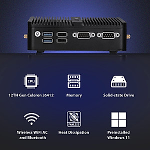 VENOEN Fanless Mini PC Windows 11, 12th Gen Celeron J6412, 8GB DDR4 RAM, 256GB SSD, 2.5inch SATA, Dual HD-MI, DP, 3-Display, 2* DB9 COM, 2* RJ45 LAN, Mini PCI E WiFi, BT, Small Computer, Low Power