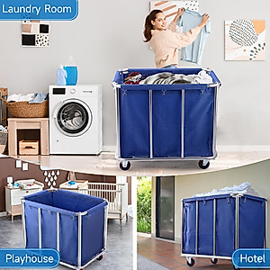 Laundry Cart with Wheels, 400L Capacity Commercial Laundry Sorter Rolling Laundry Hamper with Removable Oxford Bag and Sturdy Steel Frame, 330 lbs Load, Blue