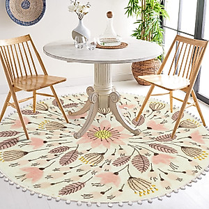 Uphome Round Rug for Bedroom 5.3' Circle Cute Area Rug with Pom Poms Fringe Floral Plant Washable Throw Rugs Non-Slip Soft Floor Mats for Entryway Laundry Living Room Kids Room Nursery, Pink