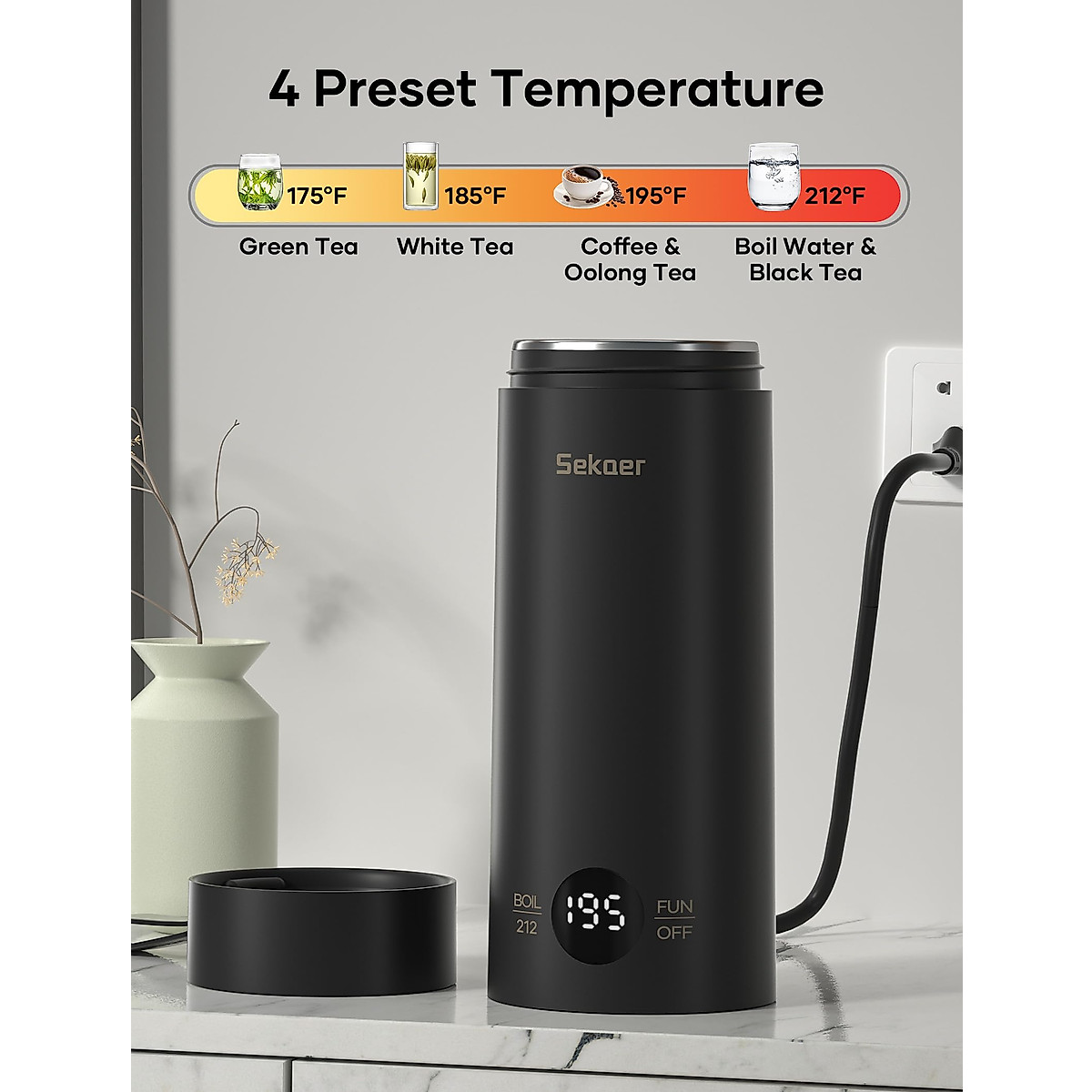 Sekaer Small Travel Portable Electric Kettle, Mini Tea Kettle Hot Water Boiler, 0.5L & 500Watts, with 4 Variable Presets and 304 Stainless Steel, SKE-850B