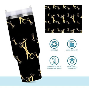 RPLIFE Elegant Cartoon Golden Scissors Black 40 Oz Tumbler with Handle, 30 Oz Tumbler, Tumbler for Men