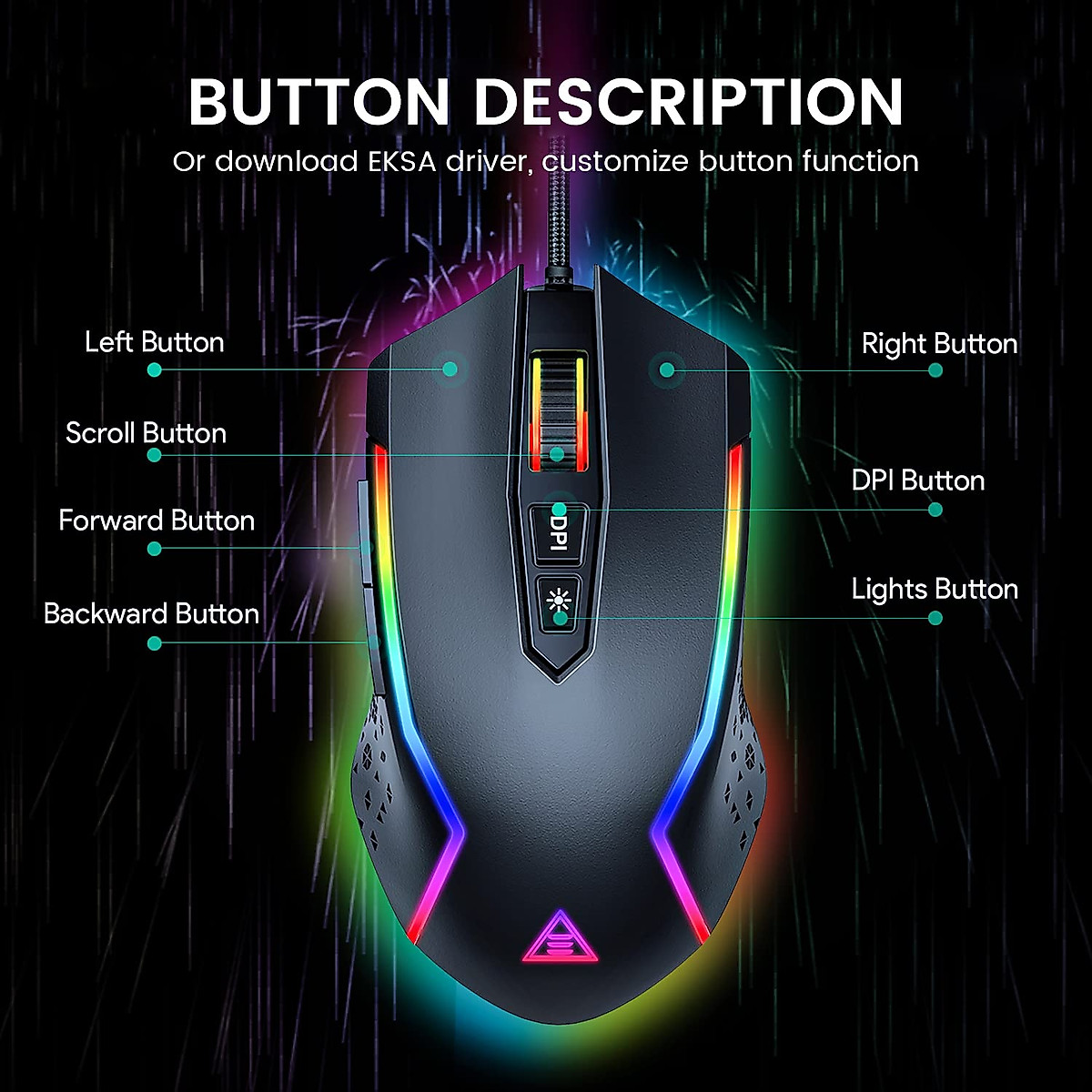 EKSA Gaming Mouse, Computer Mouse with 7 Programmable Buttons, Wired Gaming Mice with Chroma RGB 6 Backlit & Adjustable 8000DPI for Windows PC Gamers