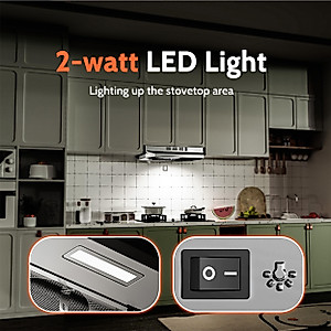 FIREGAS 24 inch Range Hood Under Cabinet, 300CFM Ducted/Ductless Convertible Kithen Hood in Stainless Steel with 2 watt LED Light and Filter, 2 fan speeds, hassle-free installation