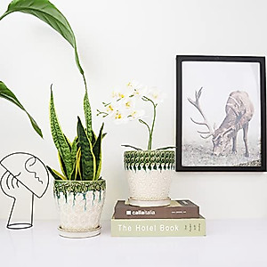 YFFSRJDJ 6 Inch Ceramic Planter Pots with Drainage Holes, Saucers and Mesh Pads for Indoor-Outdoor Plants, Succulent Orchid Flower Large Round Plant Pot, Set of 2 (Green+White)