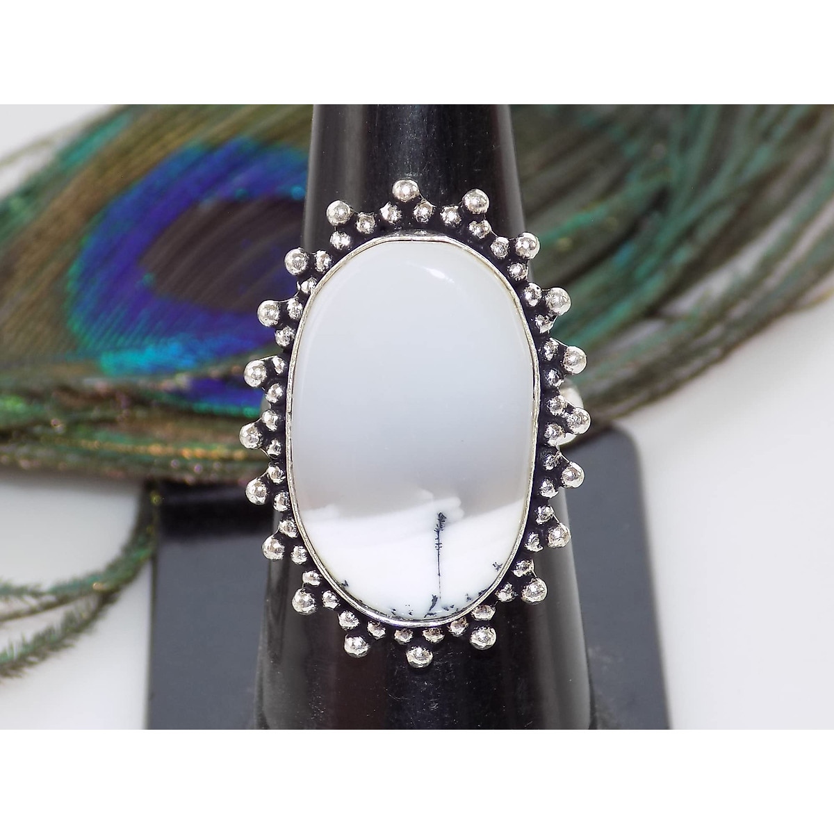 Dendritic Opal Ring, Silver Plated Ring, Handmade Ring, Women Ring Jewelry, Adjustable Ring, (Size- 7.5 USA) BRS-388