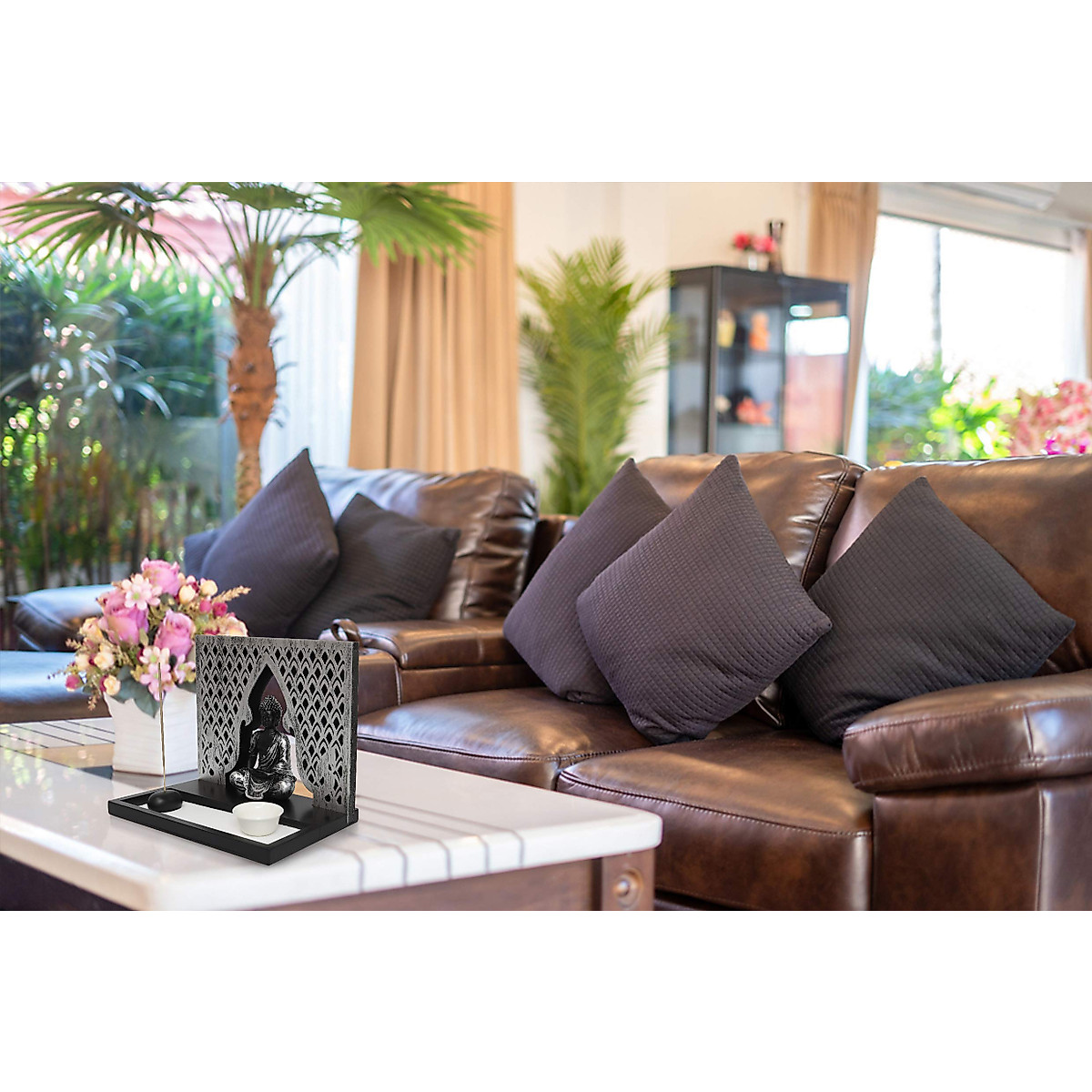 Basic Fundamentals Zen Garden Candle Holder Home Decor - Buddha Incense Stick Holder Office Desk Accessories - Zen Garden Sand Office Decor - Buddha Table Top - 8.75" x6.5”x 8.75”