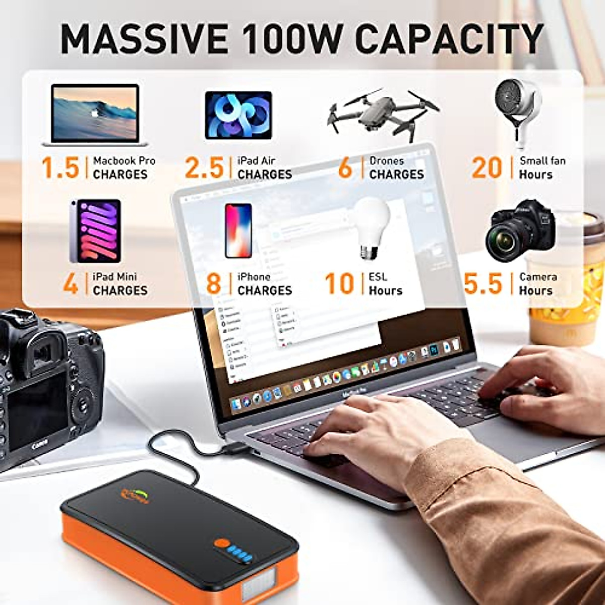 C YKPOWER Laptop Charger, 100W Portable Solar Power Station, 36000mAh Large Capacity/with AC Outlet/PD 45W Fast Charging, Used for Outdoor Camping, Supports Charging Electronic Devices Below 65W