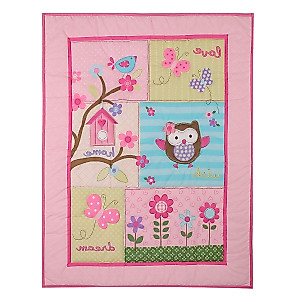 5 PCs Pink Owl Birds Butterfly Nursery Crib Bedding Set Blush Pink Floral Baby Girl Cot Bedding Set Quilt, Fitted Sheet, Skirt, Diaper Storage Bag, Window Valance