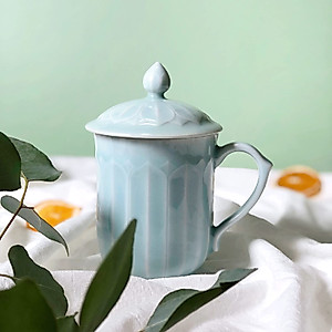 Tingyework Porcelain Lotus Tea Cup with Lid and Handle, 12 oz Unique Coffee Mug, Microwave Dishwasher Safe, Gifts for Women and Men, Aesthetic Chinese Celadon 1 Pack (Ivory Blue)
