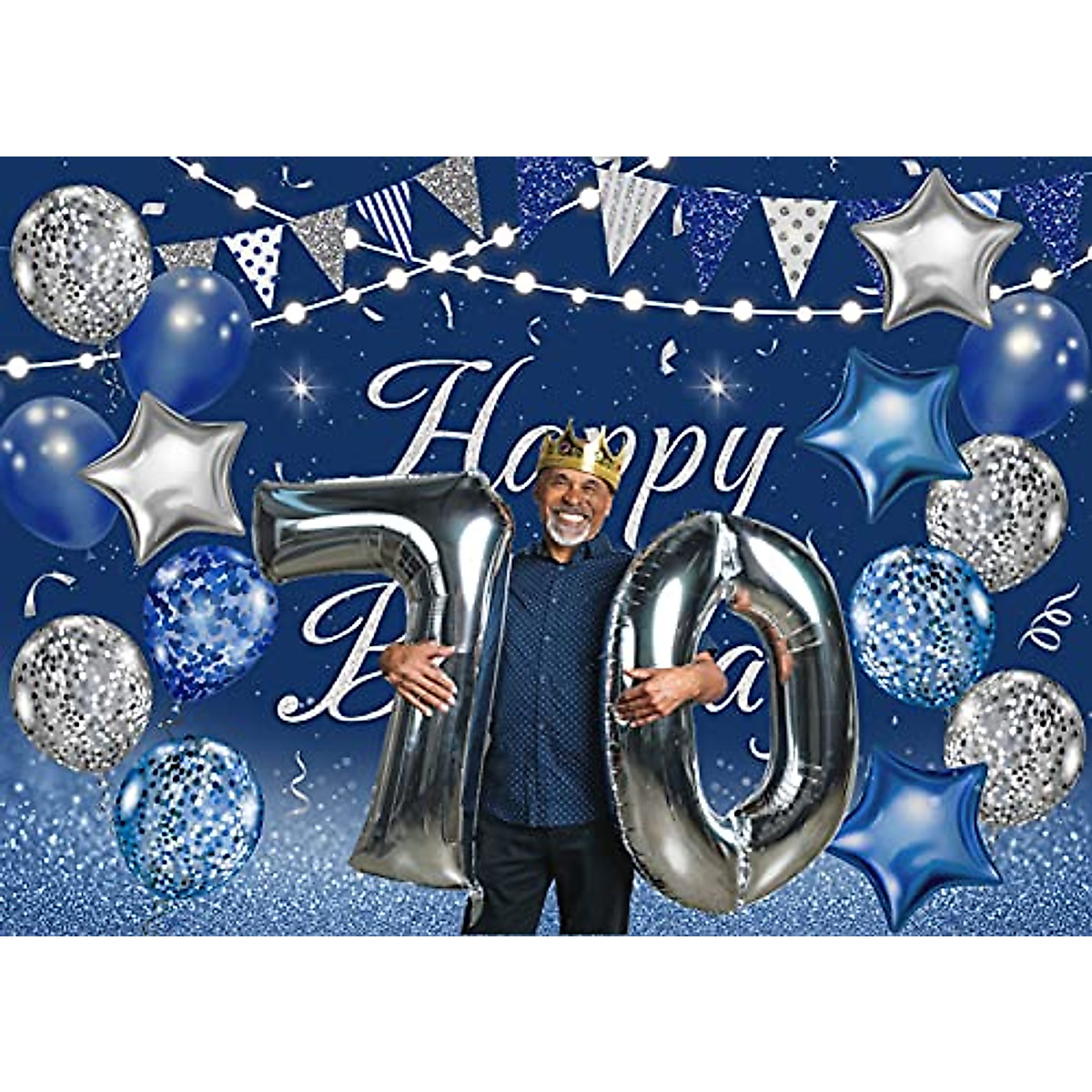 Cenven Navy Blue Happy Birthday Backdrop Silver Glitter Balloons Star Flag Sequins Background Adult Men Women Birthday Party Decoration Cake Table Photo Booth (7x5FT, Blue)