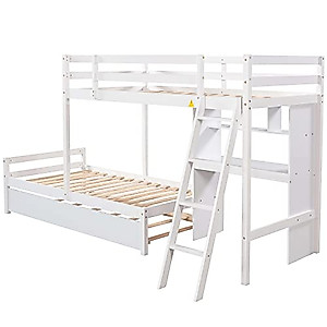 MOEO Twin Over Twin Bunk Bed with Trundle and Ladder for Kids, Adults, Wooden Bunkbed Frame w/Convertible Built-in Desk & Down Bed, Save Space, No Box Spring Required, White
