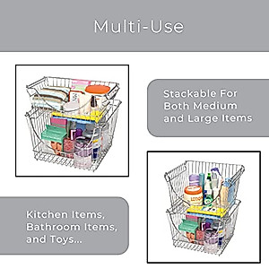 Smart Design Stacking Baskets with Handles - Set of 6 Large - Steel Metal Wire - Fruit Produce Vegetable Safe Storage Bin Organizer Pantry Counter Stand Rack - 12.5 x 8.5 Inch - Chrome
