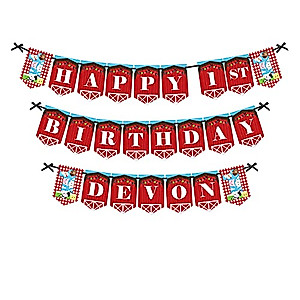 Big Dot of Happiness Personalized 1st Birthday Farm Animals - Custom Barnyard First Birthday Party Bunting Banner and Decorations - Happy 1st Birthday Custom Name Banner