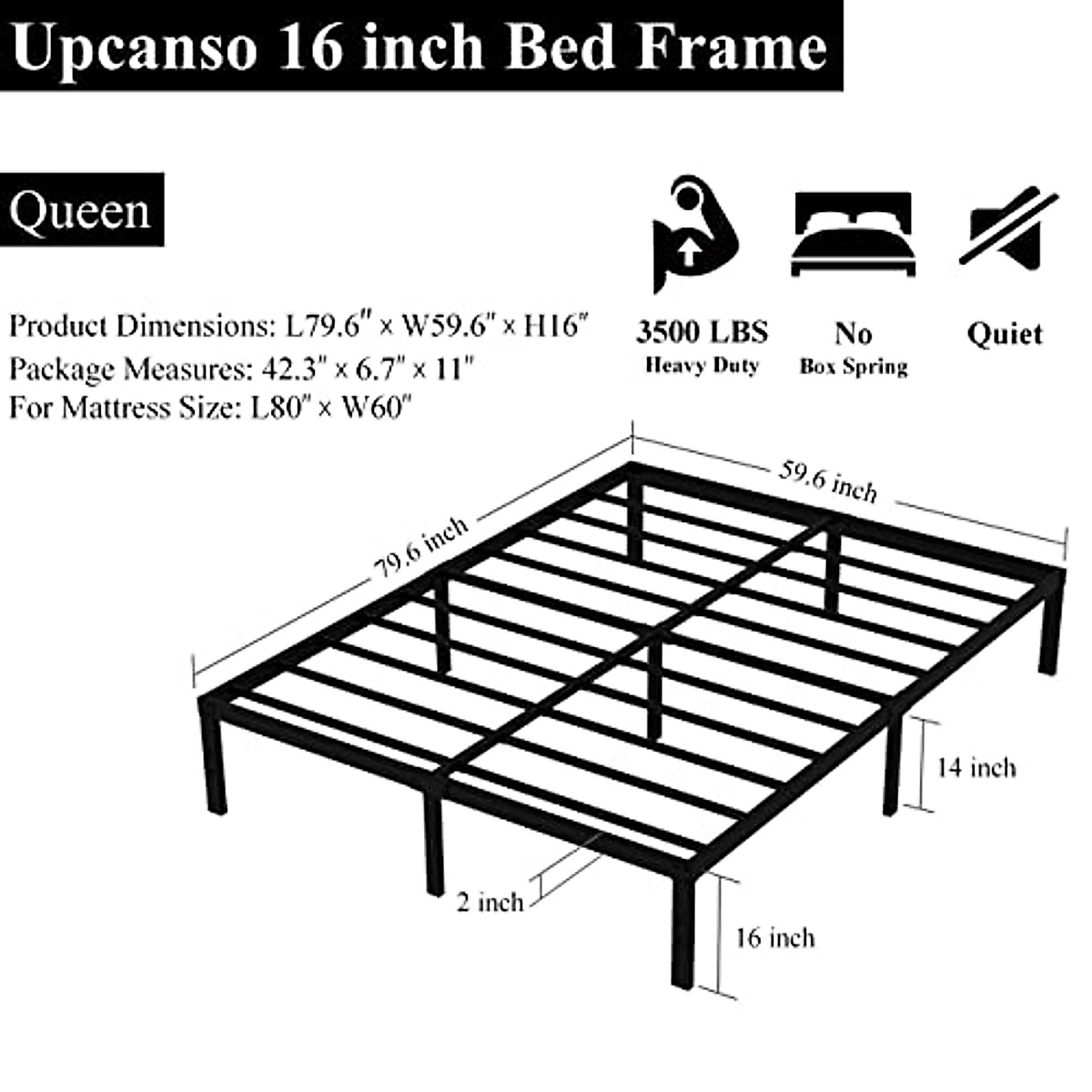 Upcanso 16 Inch Queen Bed Frame No Box Spring Required, Metal Platform Queen Size Bed Frames with 14 Inch Storage, 3,500 lbs Heavy Duty Steel Slats Support, Easy Assembly Mattress Foundation