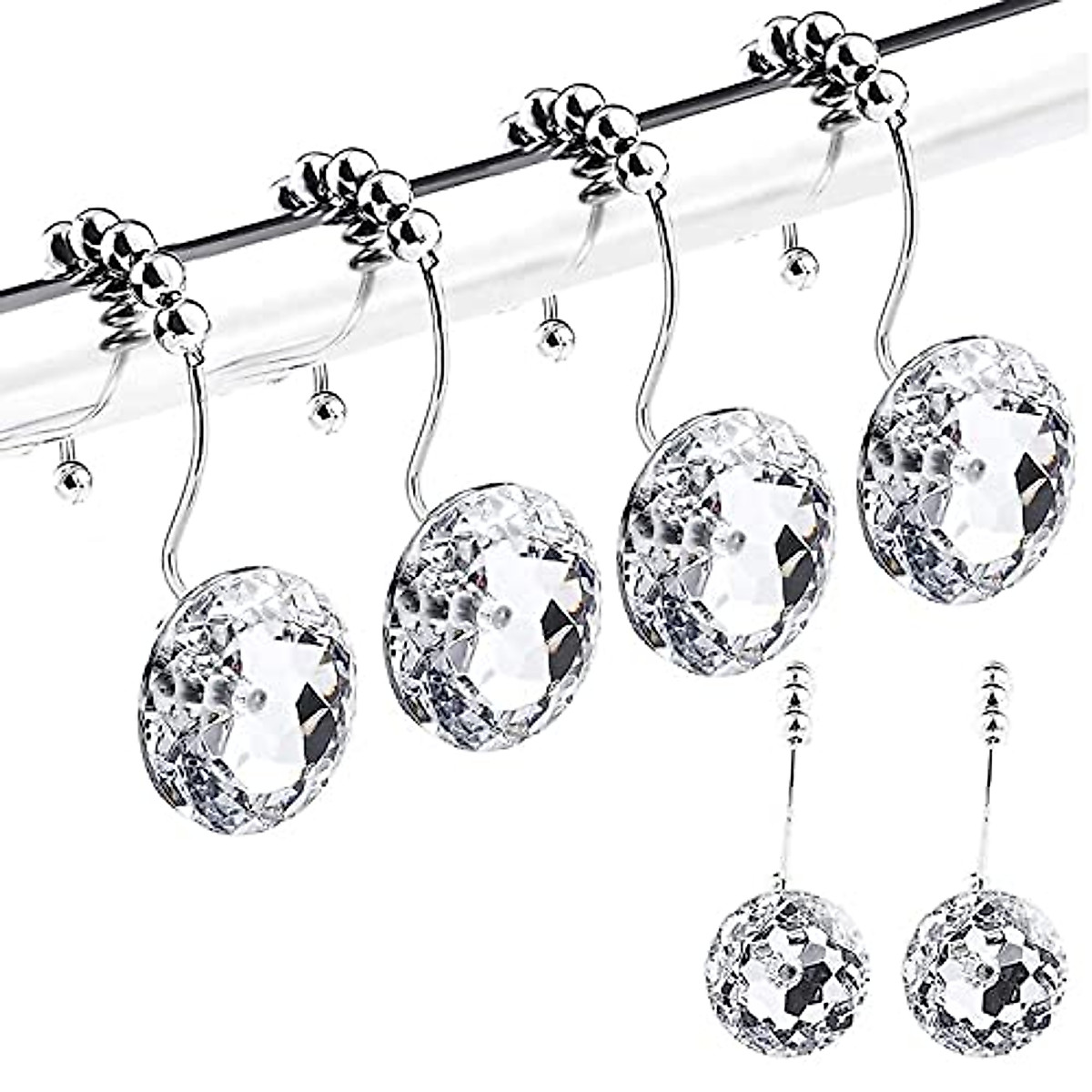 Decorative Shower Curtain Hooks Rings for Bathroom Bathtubs Home Door Window Decor Bling Acrylic Rhinestone Crystal Diamond, Anti Rust (with Glide Ball)