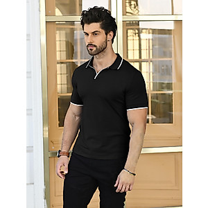 Aiyino Men's Muscle V Neck Polo Shirts Slim Fit Short Sleeve Cotton Golf T-Shirts Ribbed Knit Soft Tees Black-Large