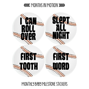 Months in Motion Baby Monthly Stickers - Baby Milestone Stickers - Newborn Boy Stickers - Month Stickers for Baby Boy - Baby Boy Stickers - Newborn Monthly Milestone Stickers - Baseball - Set of 20