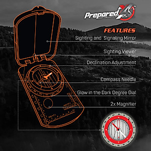 PREPARED4X Hiking Compass Survival – Mirror Sighting Map Orienteering Compass – with 35-Ft 550 Survival Paracord Lanyard, Fire Starter, Whistle, Fishing Line, Tinder Cord