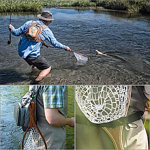 PLUSINNO Fly Fishing Net, Wooden Frame Fishing Landing Net with Magnetic Release, Soft Rubber Mesh Net for Trout Bass Catch and Release, Magnetic Fly Fishing Gear