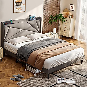 LEMBERI Queen Size Bed Frame with Storage Headboard,Upholstered Platform Bed Frame with Charging Station,Heavy Duty Mattress Foundation with Wooden Slats,No Box Spring Needed, Noise-Free