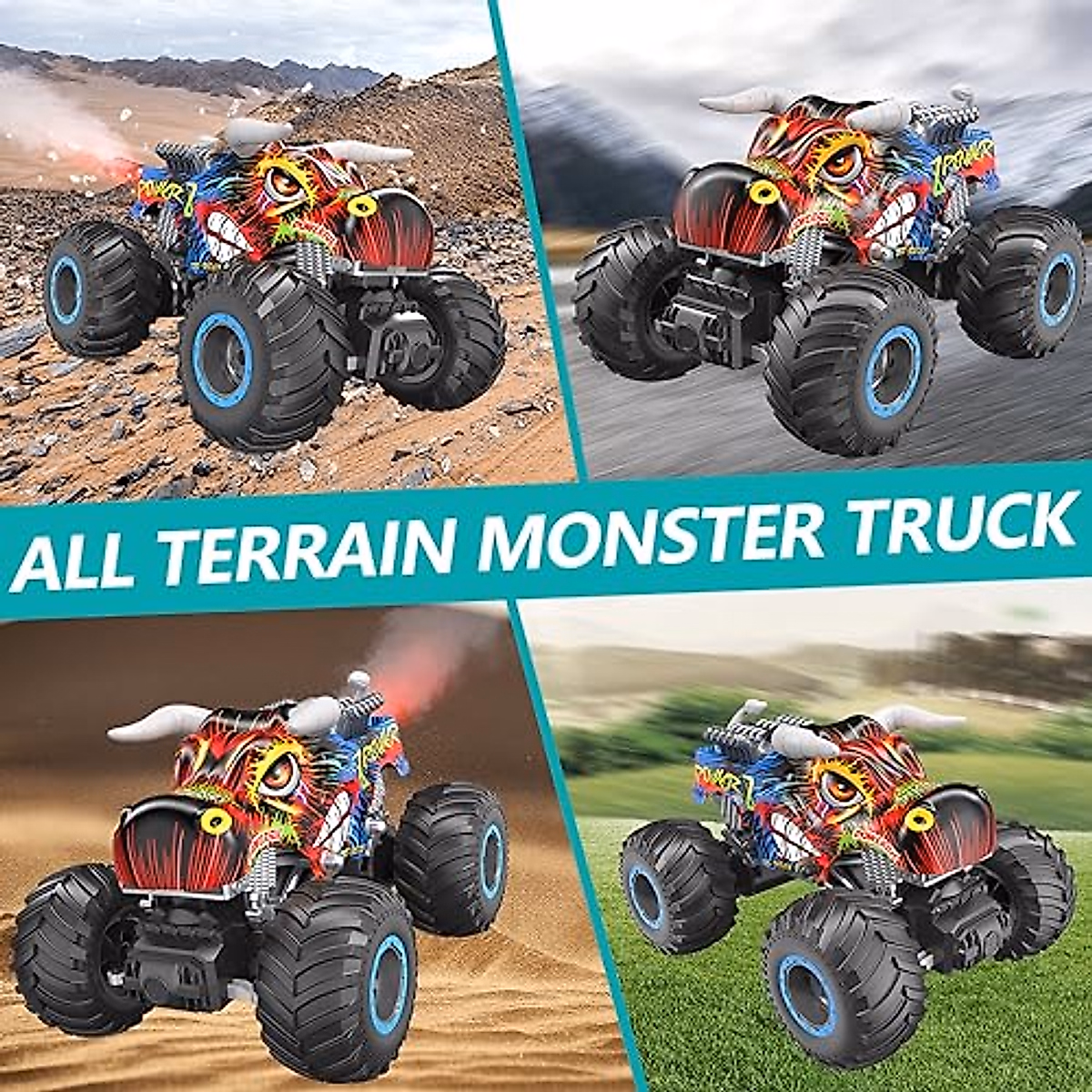 iBlivers Remote Control Monster Truck, 2.4GHz All Terrain Remote Control Monster Cars, RC Monster Truck Off-Road Car, RC Monster Car with Spray Music and Light for Boys 4-7 8-12 Kids