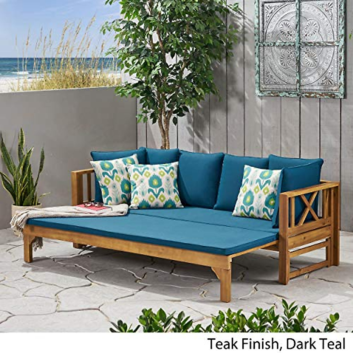 Great Deal Furniture Camille Beach Outdoor Extendable Acacia Wood Daybed Sofa, Teak and Dark Teal