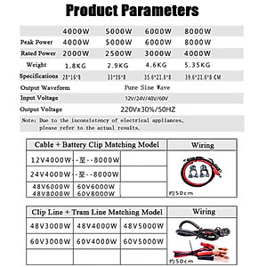 4000W DC 12V/ 24V/ 48V /60V Pure Sine Wave Inverter Charger Split Phase AC Input AC Output 120V / 240V Low Frequency Solar Power Inverter Converter with LCD,4000W-12v-220v