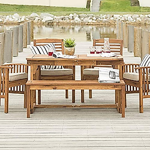 Walker Edison Maui Modern 6 Piece Solid Acacia Wood Slatted Outdoor Dining Set, Set of 6, Brown