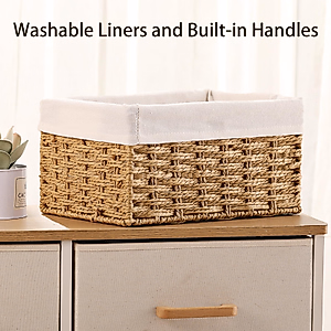 Vagusicc Wicker Storage Basket, 3-Pack Woven Paper Rope Wicker Baskets with Handles, Large Wicker Basket Cube Storage Bins with Liners, Storage Baskets for Organizing Shelves & Decor, Natural