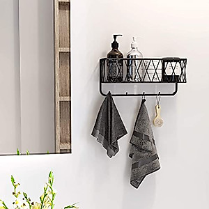 OROPY Entryway Mail Holder with Key Hooks, 11.0" L×2.6" W×5.1" H, Wall Mounted Matte Black Metal Wire Mesh Storage Basket with 5 Hooks, Easy to Organize Letters, Magazines, Keys, Leashes for Entryway