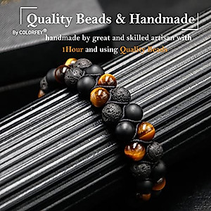 Triple Protection Bracelet for Men Women, Genuine Premium Tiger Eye Black Onyx and Lava Rock 8mm Handmade Bead Bracelet Healing Crystal Protection Bracelet Bring Luck and Prosperity and Happiness