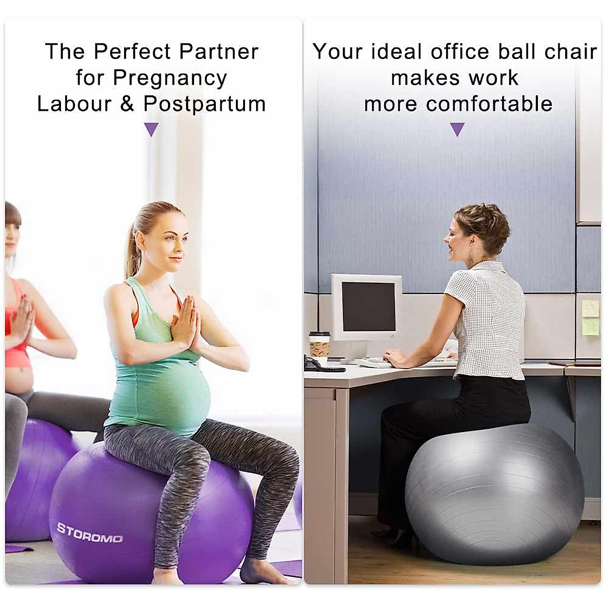 STOROMO Exercise Ball,Yoga Ball(with Exercise Tutorial)，Extra Thick Non-Slip,Holds 2500 lbs, Workout Ball for Pregnancy Birthing and Balance Stability (Purple, 55cm/21.6in)