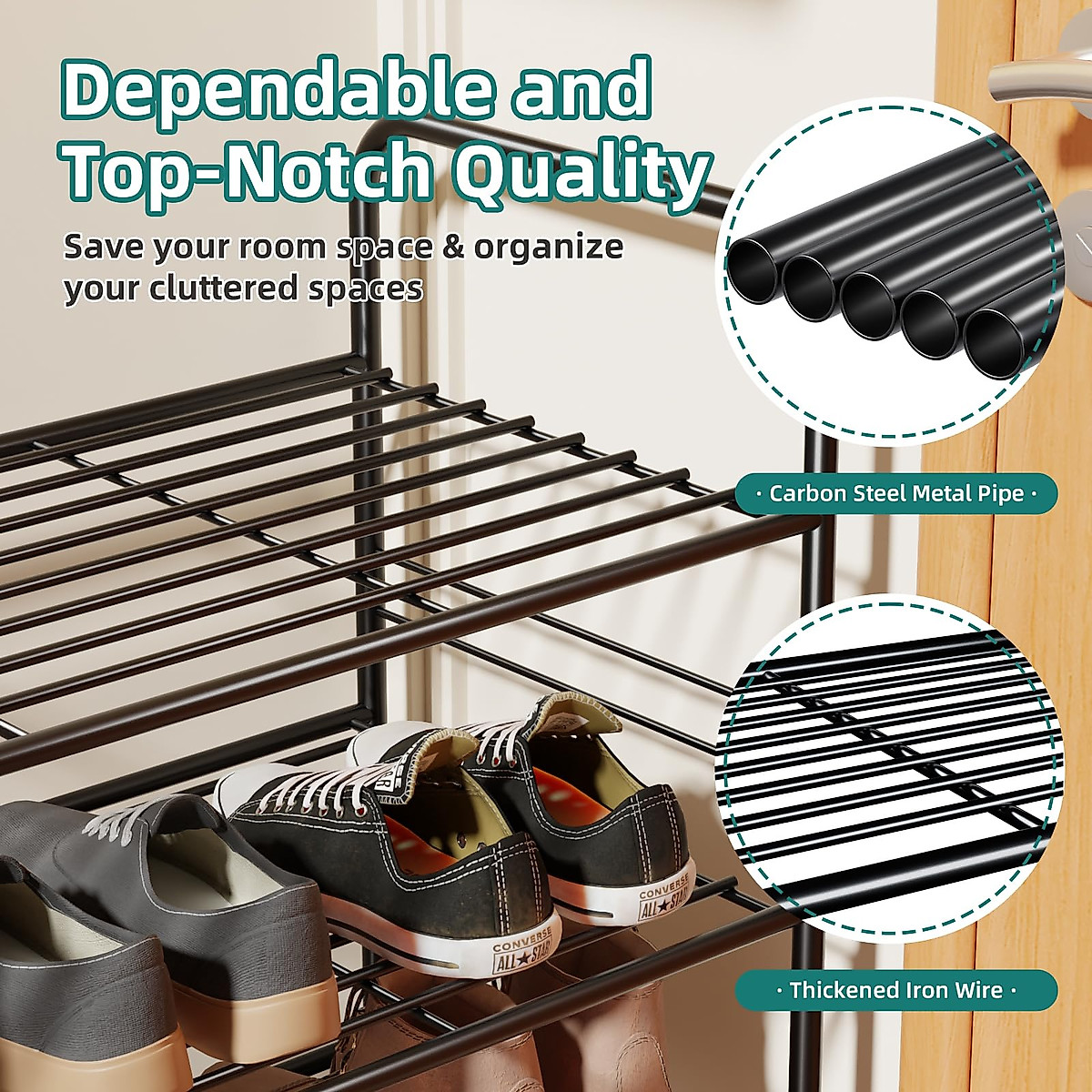 GEORIS 3 Tier Shoe Rack for Closet, Stackable & Adjustable 32" L Shoe Storage Organizer Sturdy, All Metal, Black